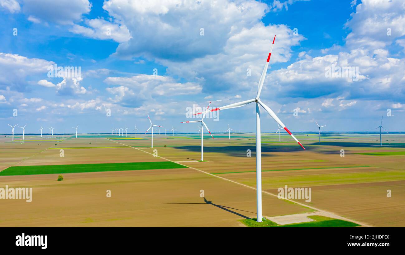 Above view on farm of large wind power turbines are standing among ...