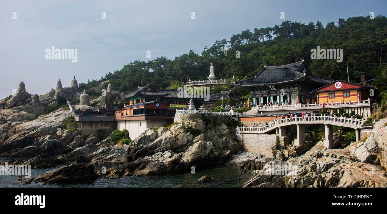 A view of Haedong Yonggung Temple upon a cliff in Busan, South Korea ...
