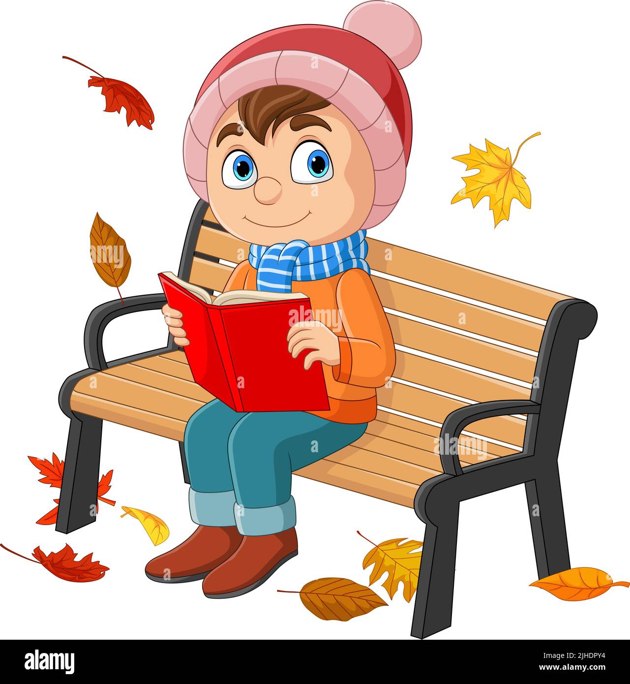 Cartoon little boy sitting at bench with reading a book Stock Vector ...