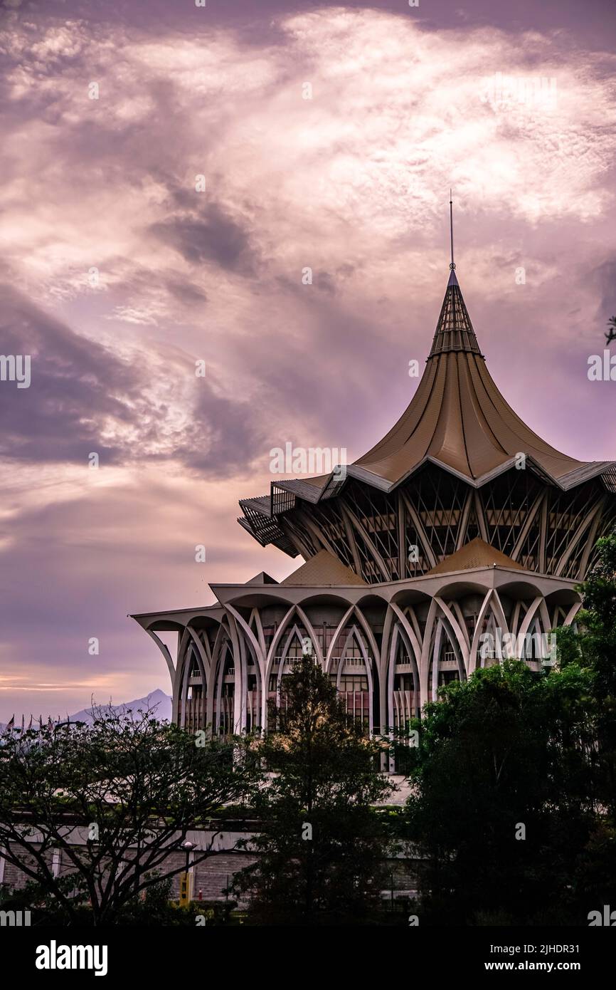 A vertical shot of the New Sarawak State Legislative Assembly Building ...