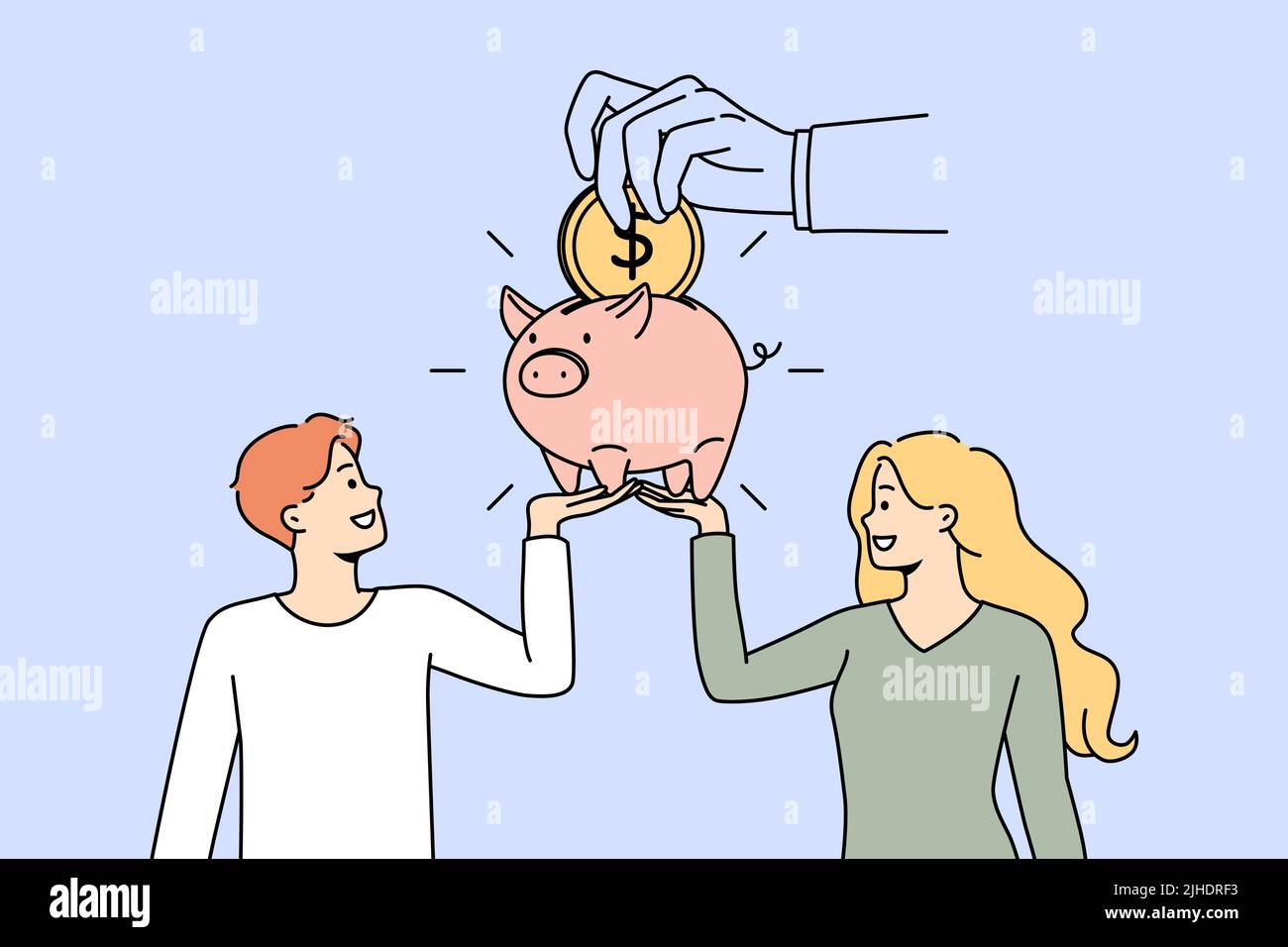 Couple saving money in piggy bank care about future investments. Young ...