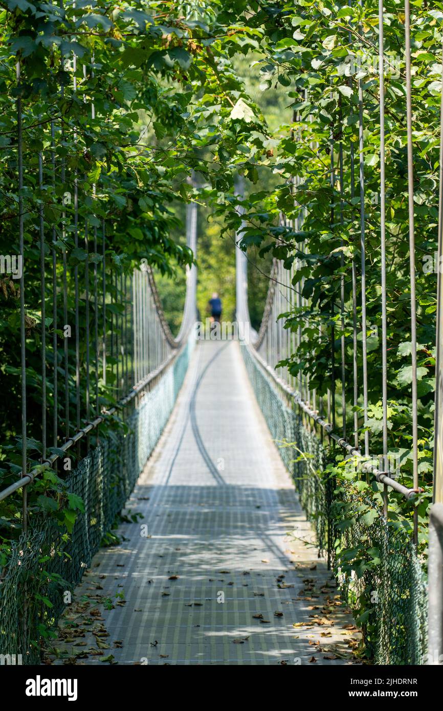 Metal suspension rope bridge in nature. Scenic view. Steel footbridge ...