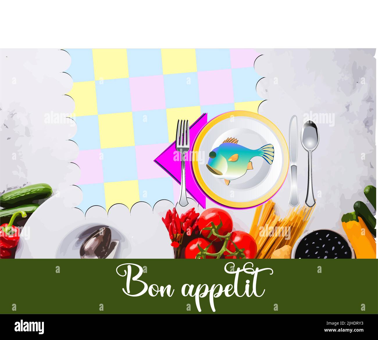 Composition Bon appetit decorated with painted vegetables. 3d colored ...