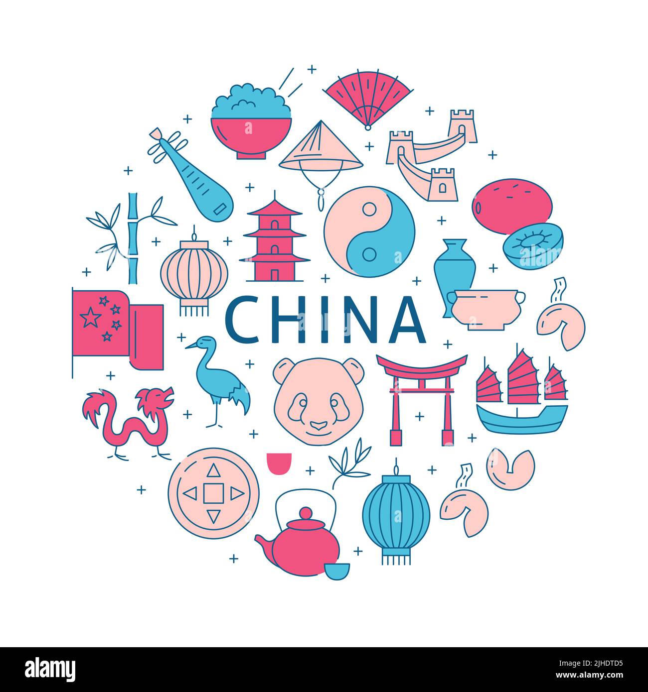 China round poster with text in colored line style. Chinese traditional ...