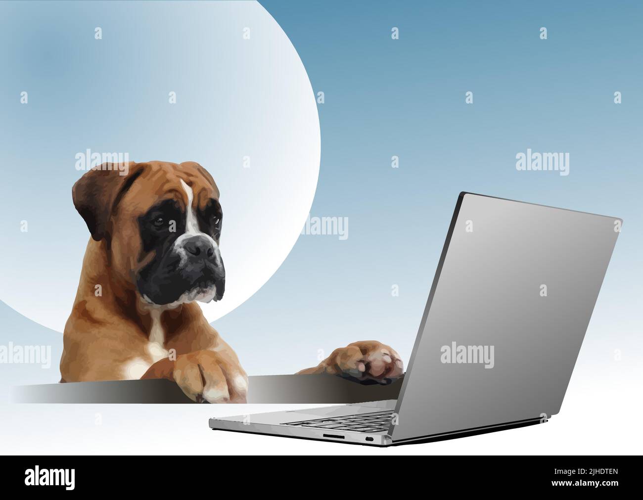 Dog boxer sitting in front of computer. 3d vector illustration Stock ...