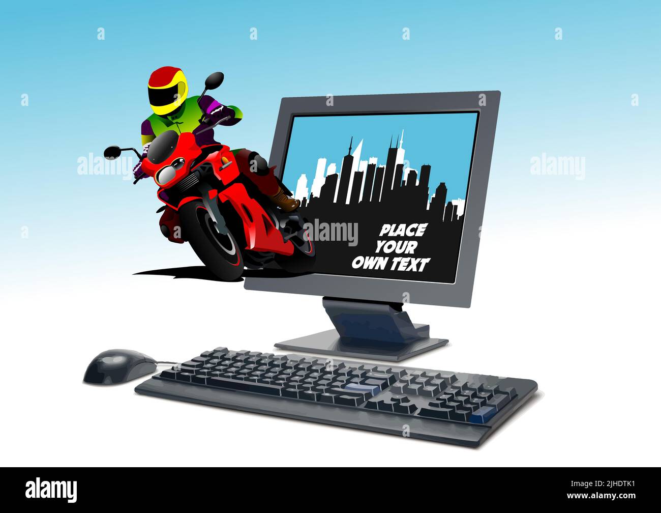 Abstract City panorama with motorcycle image on pc screen. Vector 3d ...