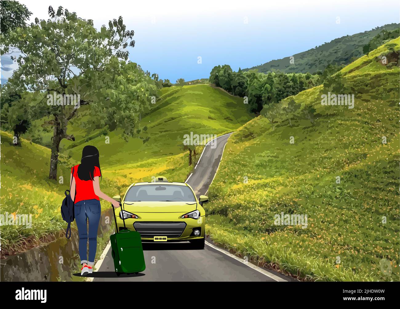 A young girl with a suitcase stops a taxi on country background. 3d ...