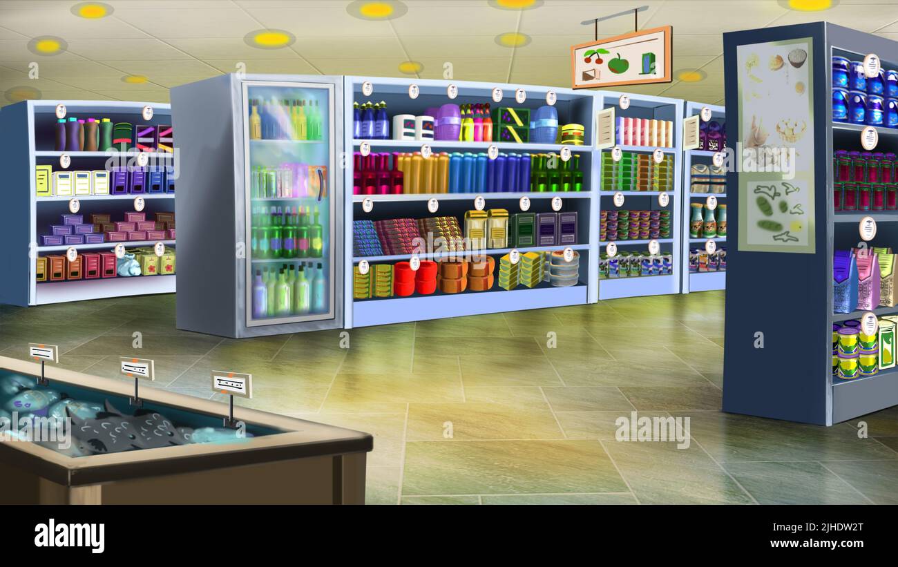 Inside a large supermarket store. Digital Painting Background ...