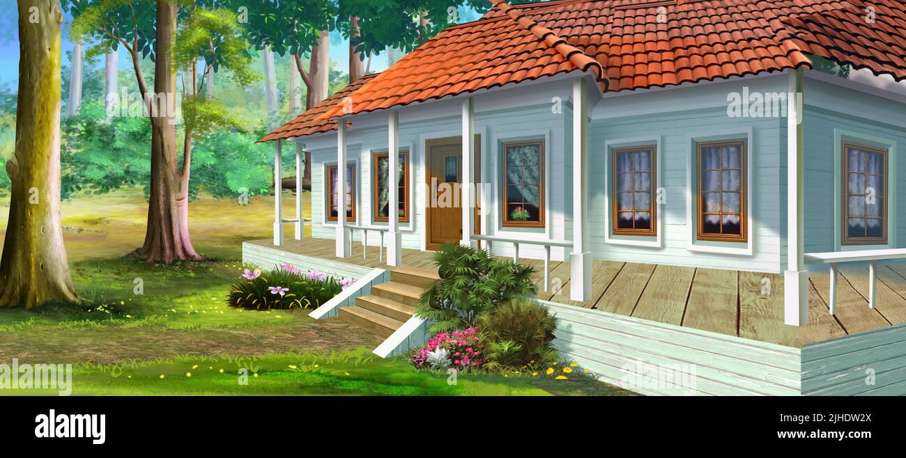 Country house with a veranda on a sunny day. Digital Painting ...