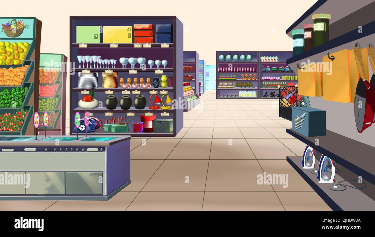 Inside a large supermarket store. Digital Painting Background ...