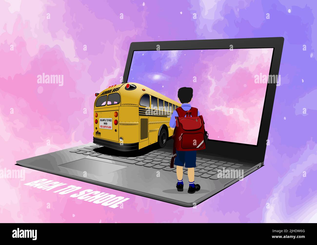 Abstract computer with school boy and school bus image. Back to school ...
