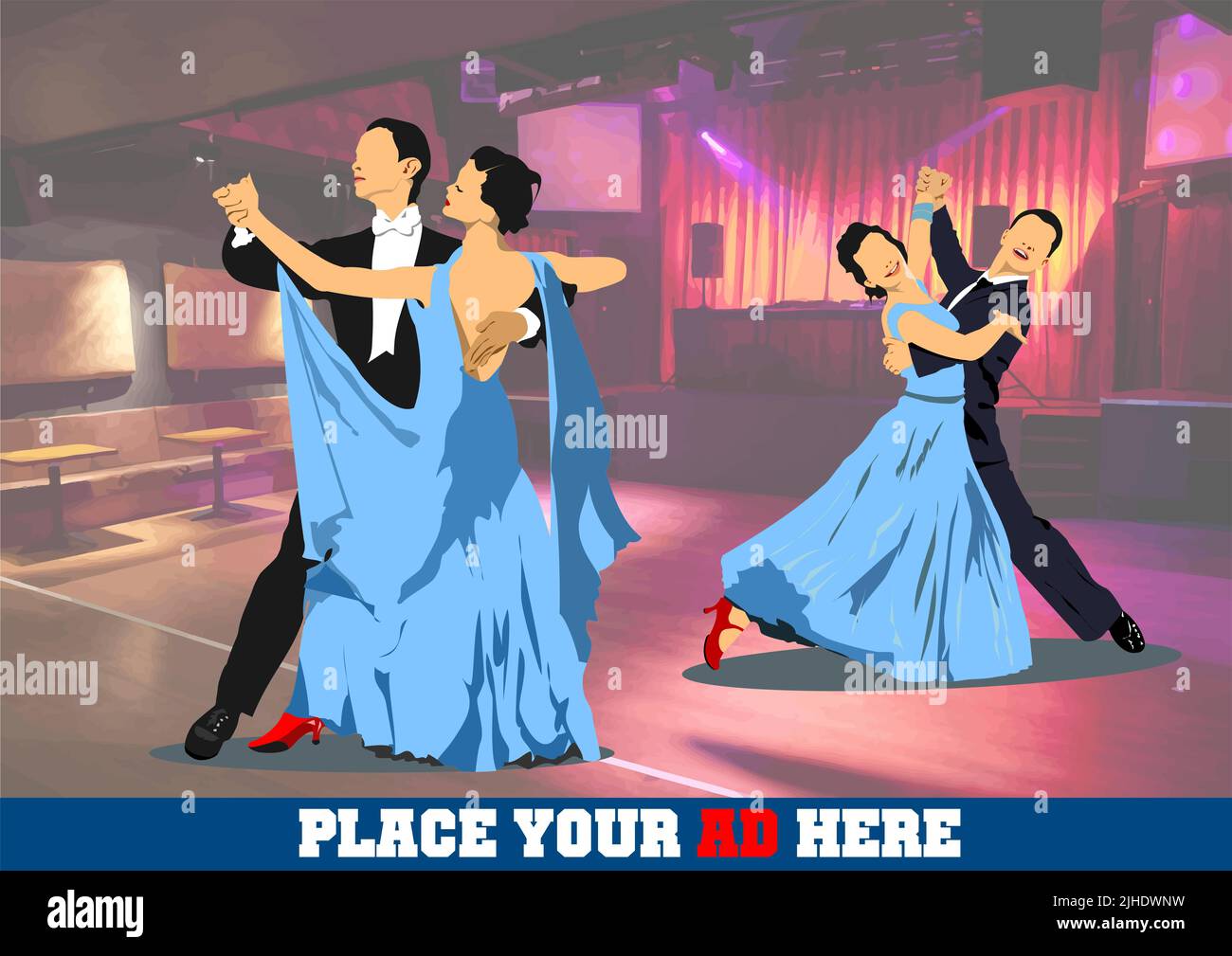 Two young men and the girls dancing waltz. 3d color vector illustration ...