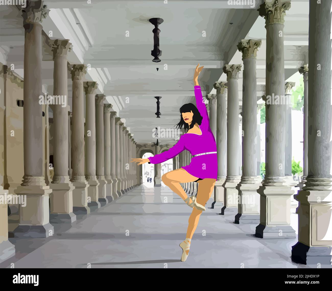 Classical ballet dancer into column gallery. Colored 3d vector ...