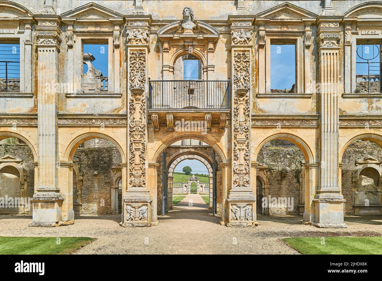 Entrance area of a dilapidated and ruined english elizabethan mansion ...