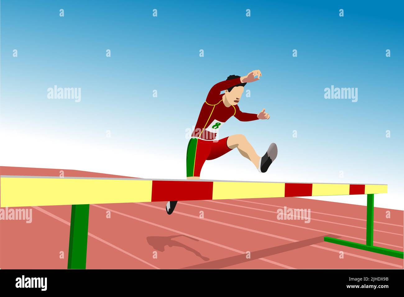 Athlet sprinting over hurdles in track and field. 3d vector ...