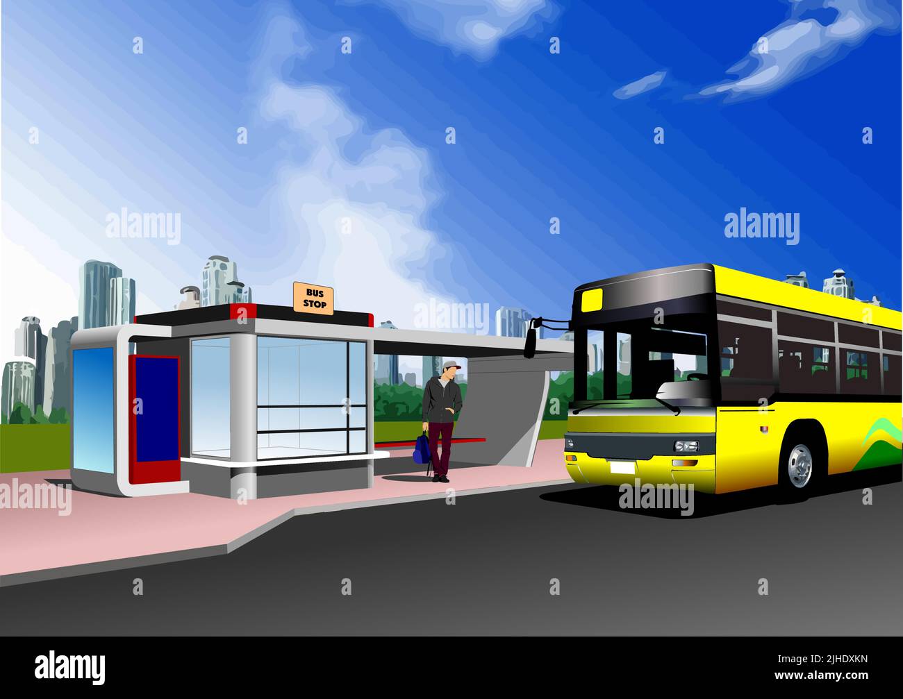 Bus stop - Public transport. Bus ready to go. 3d color vector ...