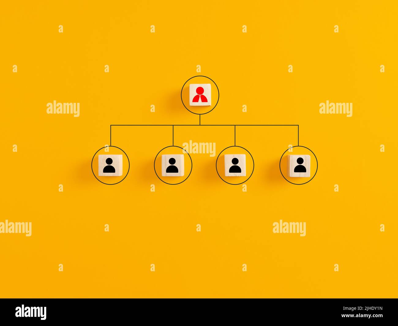 Company hierarchical organizational chart of wooden cubes on yellow ...