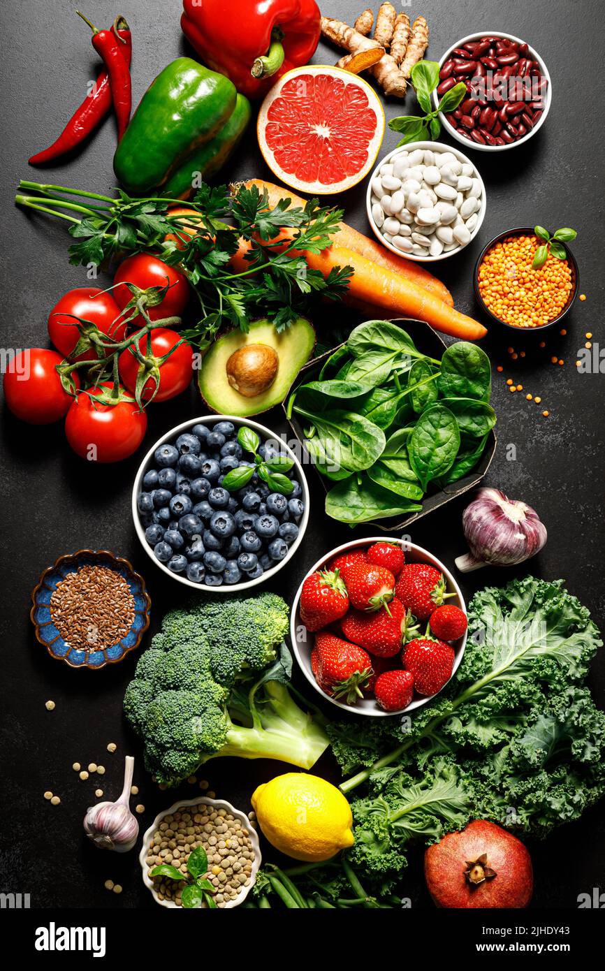 Healthy food. Healthy eating background. Fruit, vegetable, berry ...