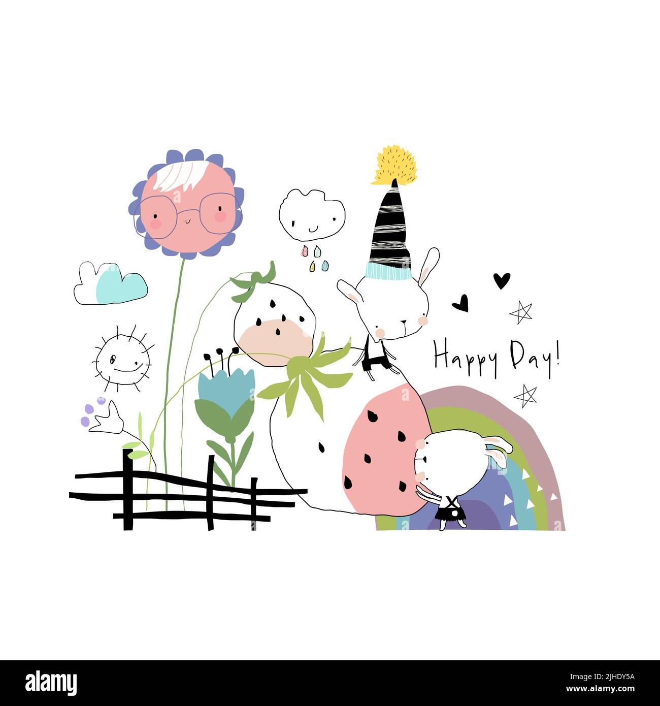 Little Cartoon Rabbits with Big Strawberries and Flowers Stock Vector ...