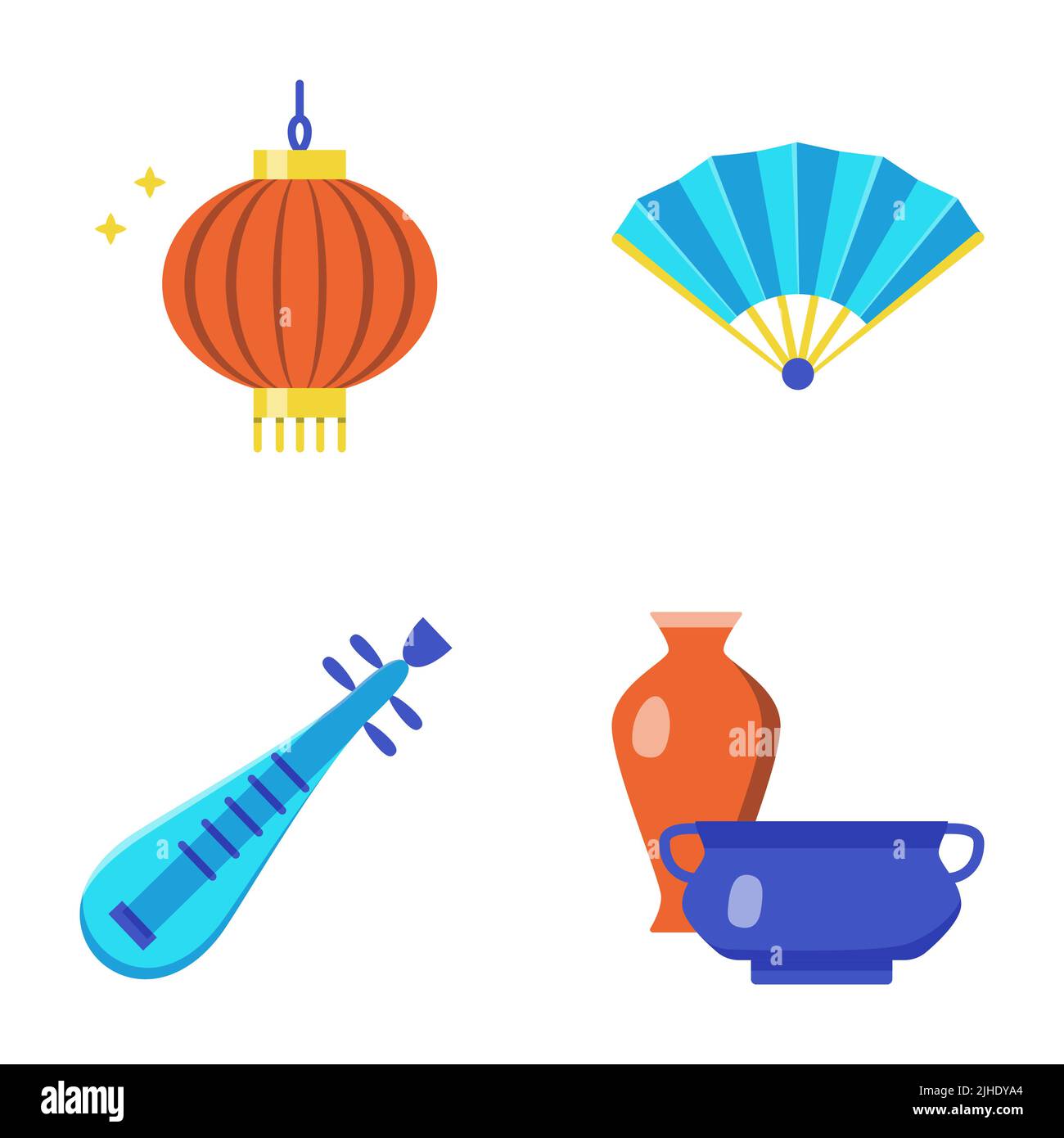 Chinese traditional symbols icon set in flat style. Hand fan, porcelain ...