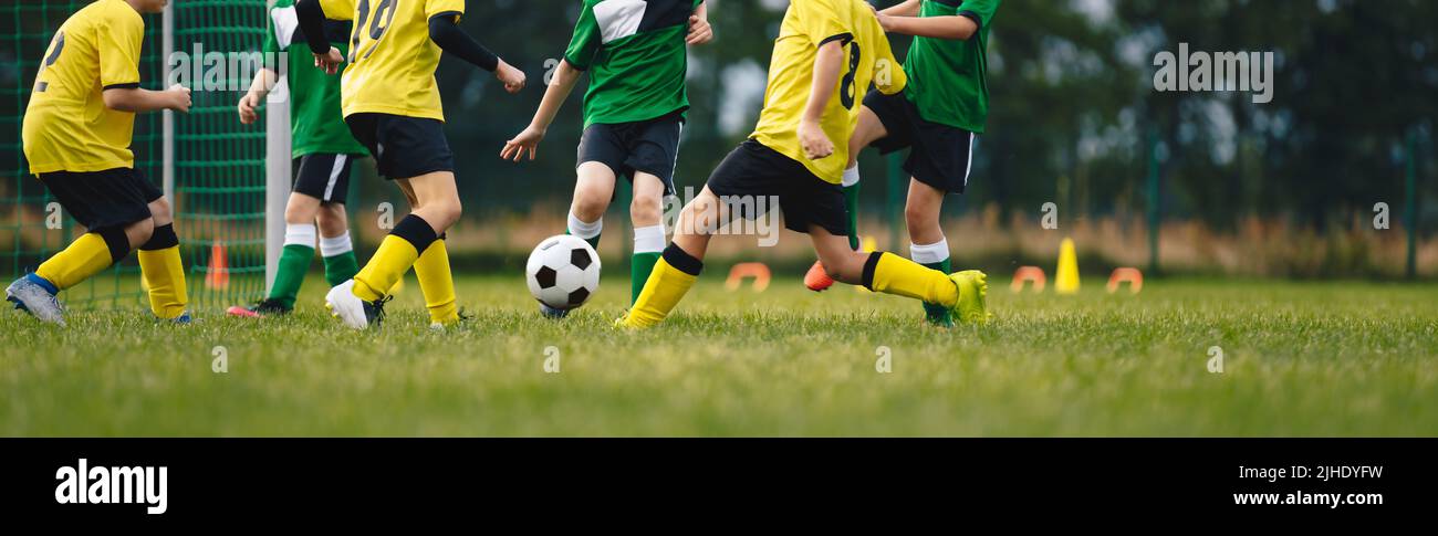 Kids play football on outdoor field. Children score a goal during a ...
