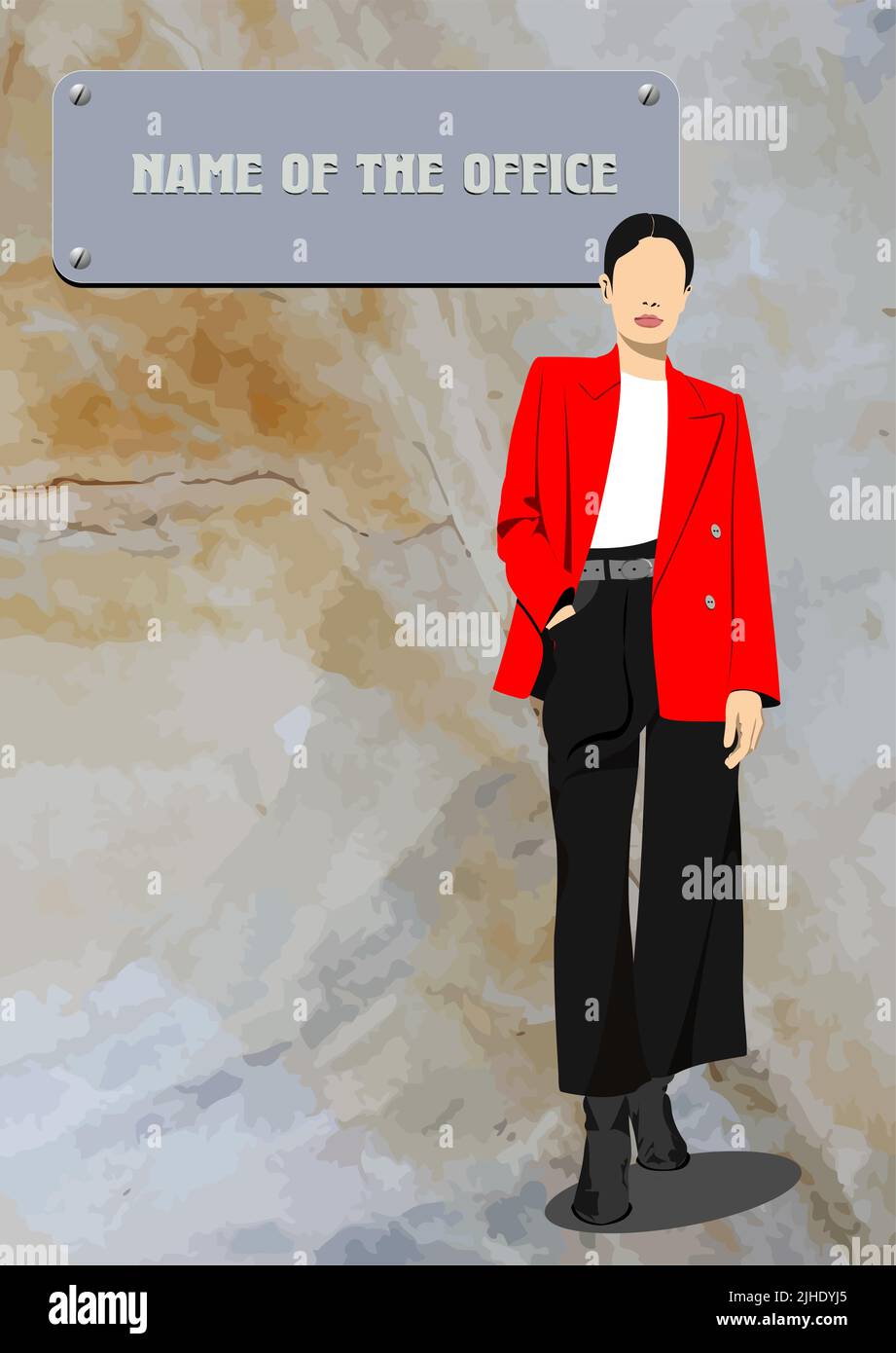 Signboard of the office on marble texture background and business woman ...