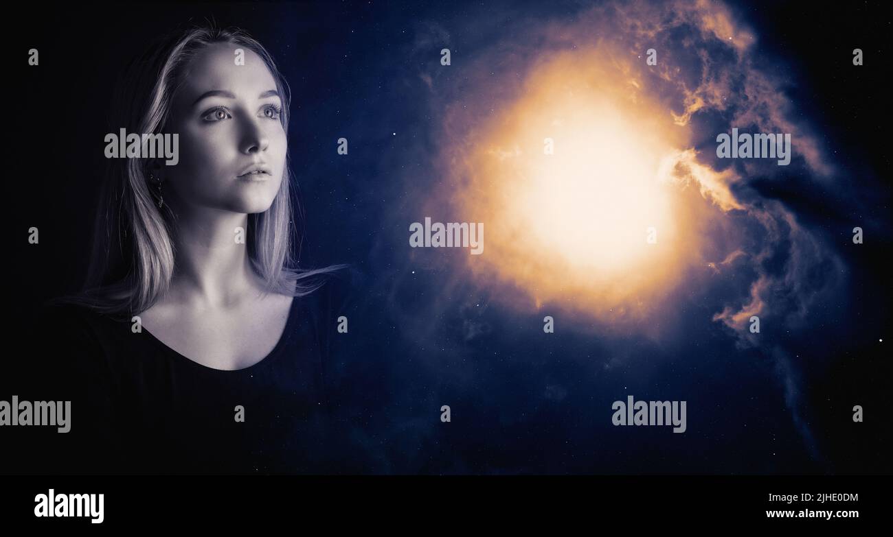 Portrait of woman on space background Stock Photo - Alamy