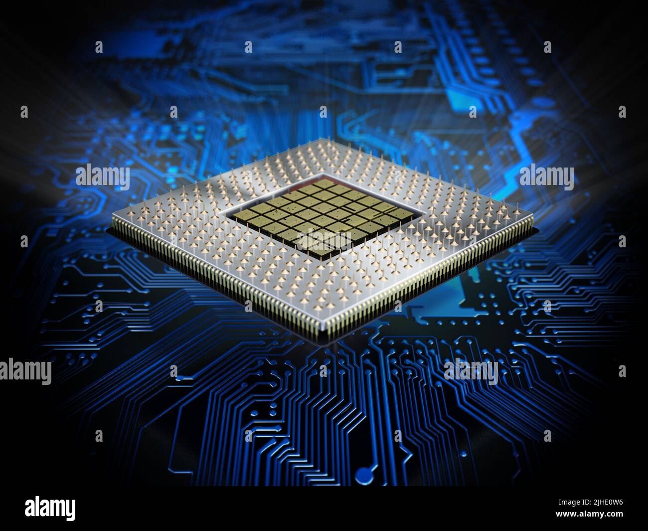 CPU with blue light on the mainboard. 3D illustration Stock Photo - Alamy
