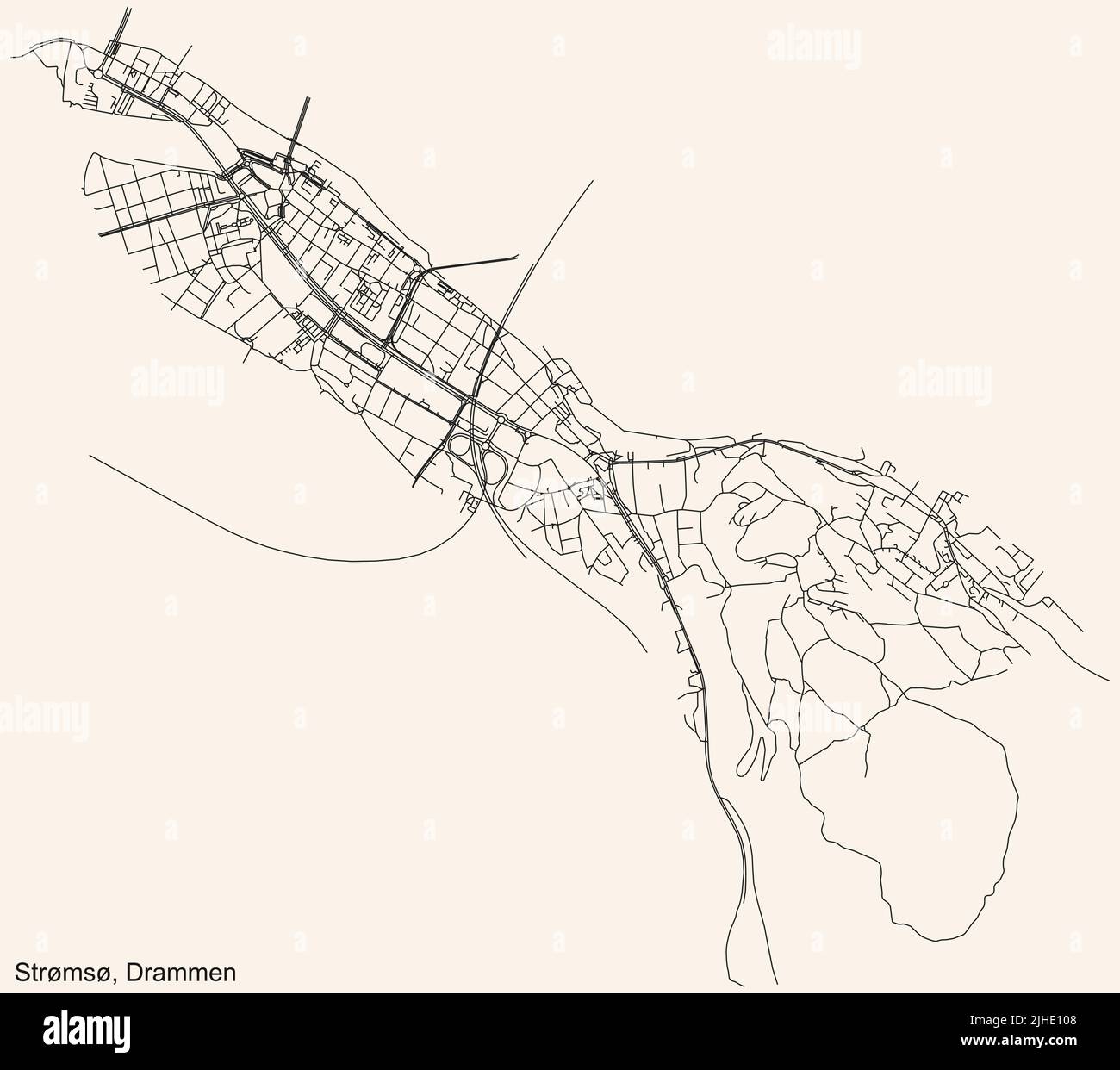 Street roads map of the STRØMSØ MUNICIPALITY of Drammen, Norway Stock ...