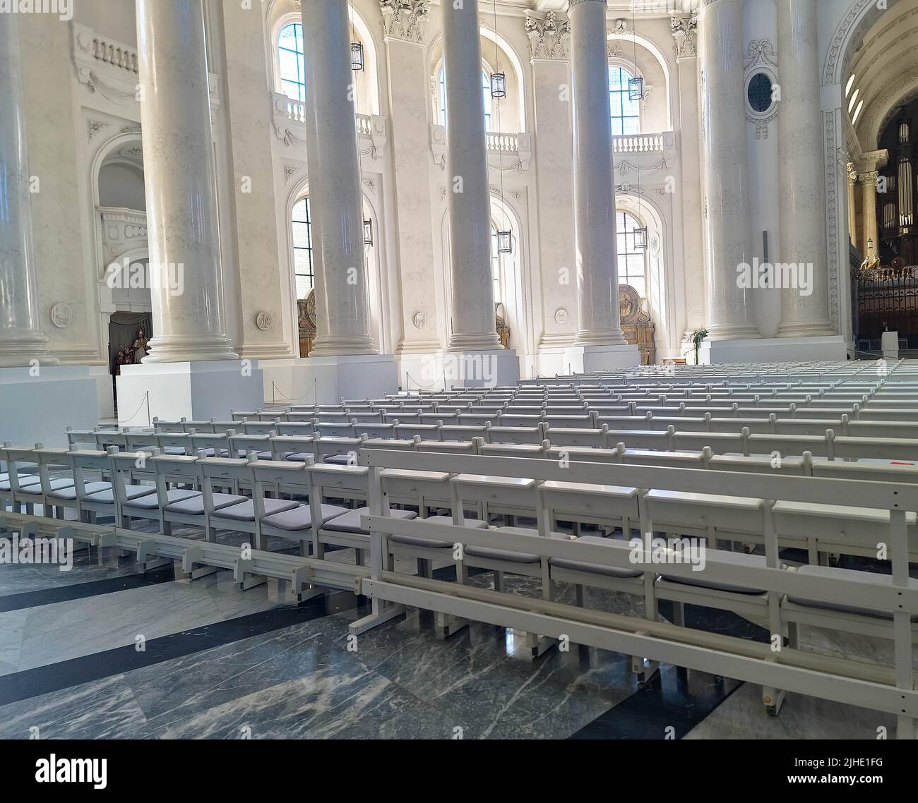 The famous white seating and marble columns of the Cathedral of St ...