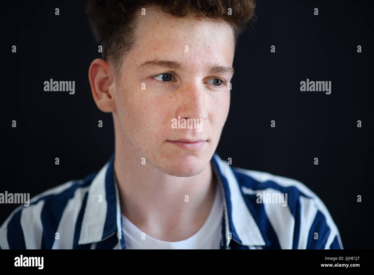 Portrait of thoughtful handsome young man with ginger hair and freckles ...