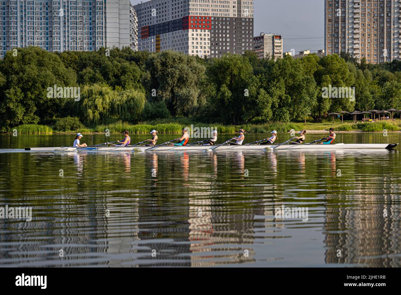 Moscow, Russia - July 08, 2022: young athletes are engaged in rowing ...