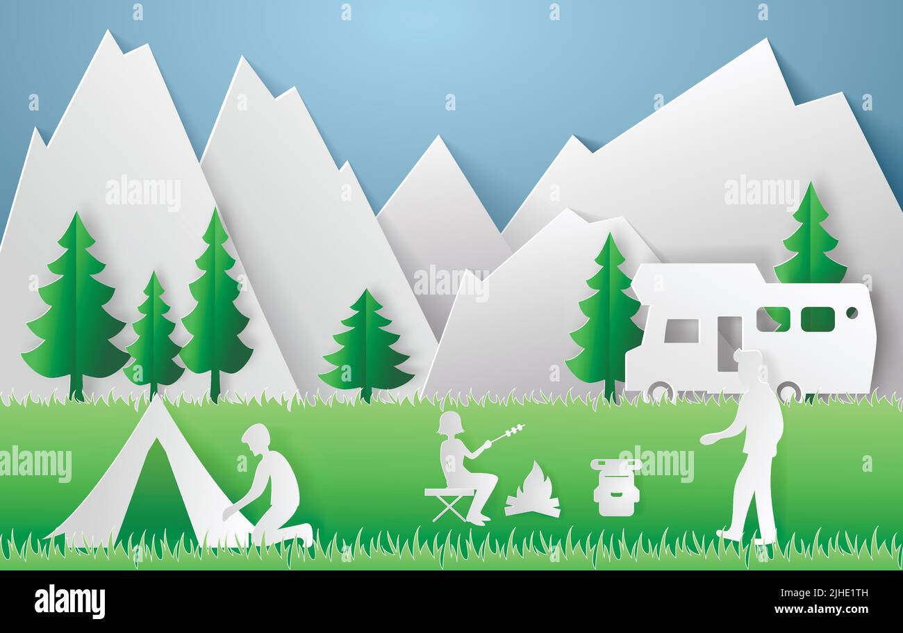 Summer camping paper cut style. Concept with mountain, trees, people at ...