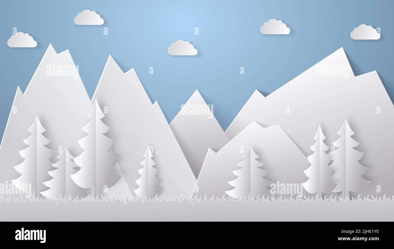 Summer camping paper cut style. Concept with mountain, trees. Vector ...