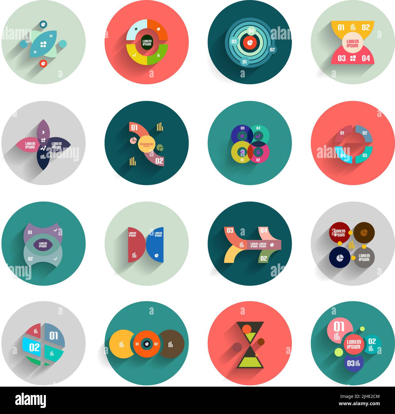 Infographic templates inside colorful circles. Set of flat icons with ...