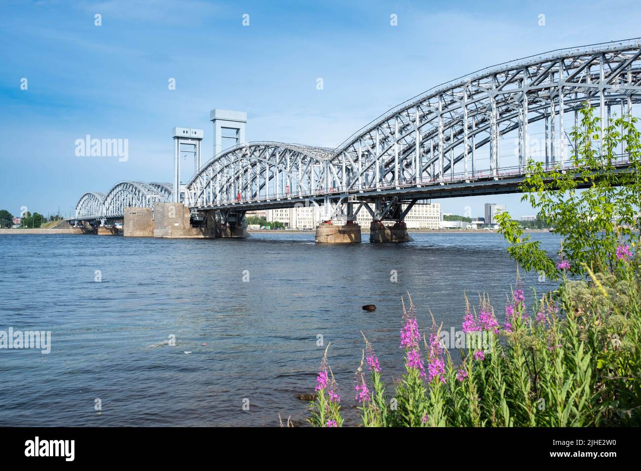 A pair of parallel rail bridges across the Neva River in Saint ...