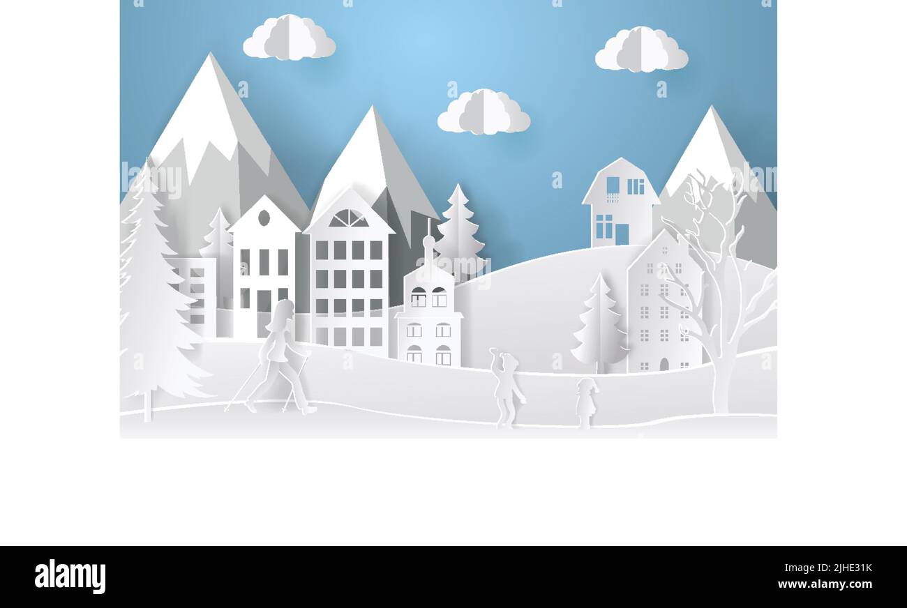 Winter landscape in paper style. Mountains, trees and houses. Layered ...