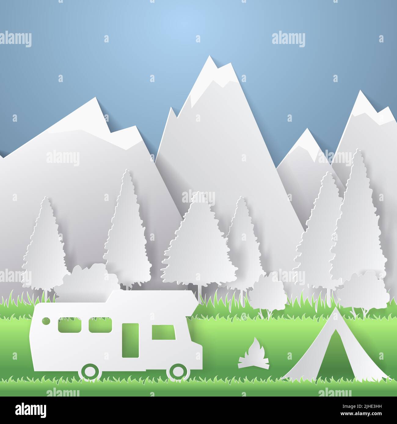 Summer camping paper cut style. Concept with mountain, trees, people at ...