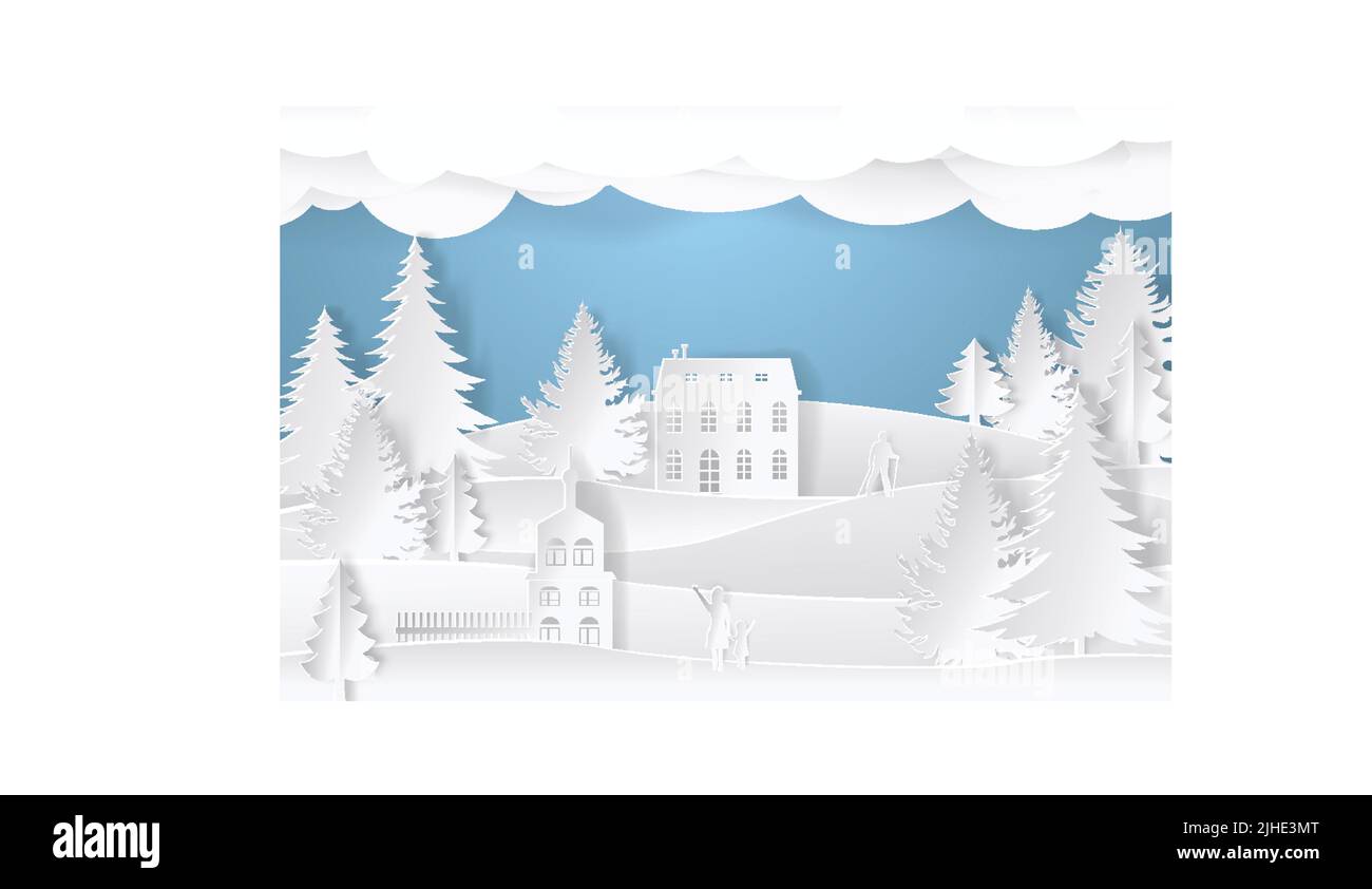 Winter landscape in paper style. Mountains, trees and houses. Layered ...