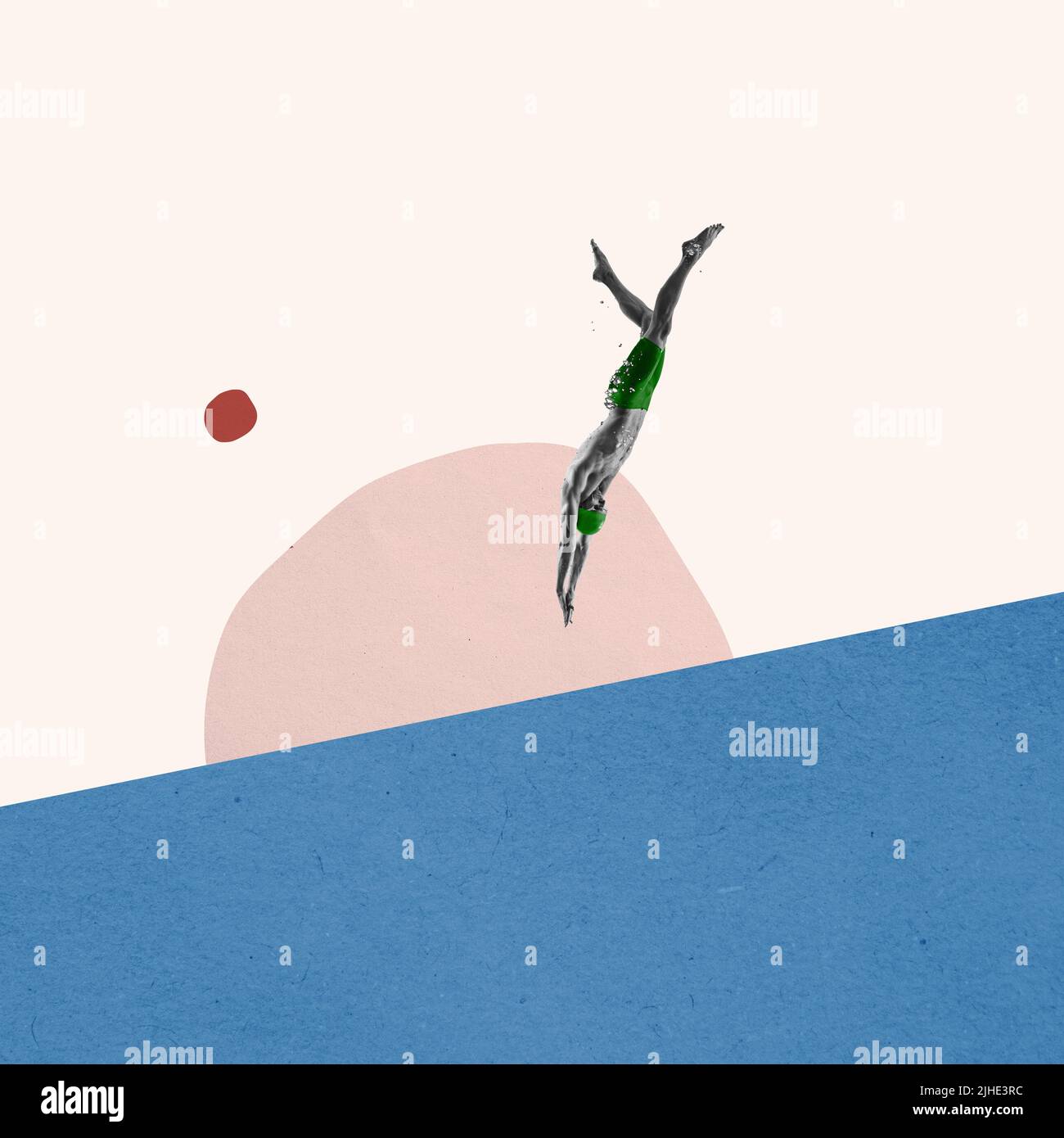 Contemporary art collage. Minimalism. Professional swimmer jumping into ...