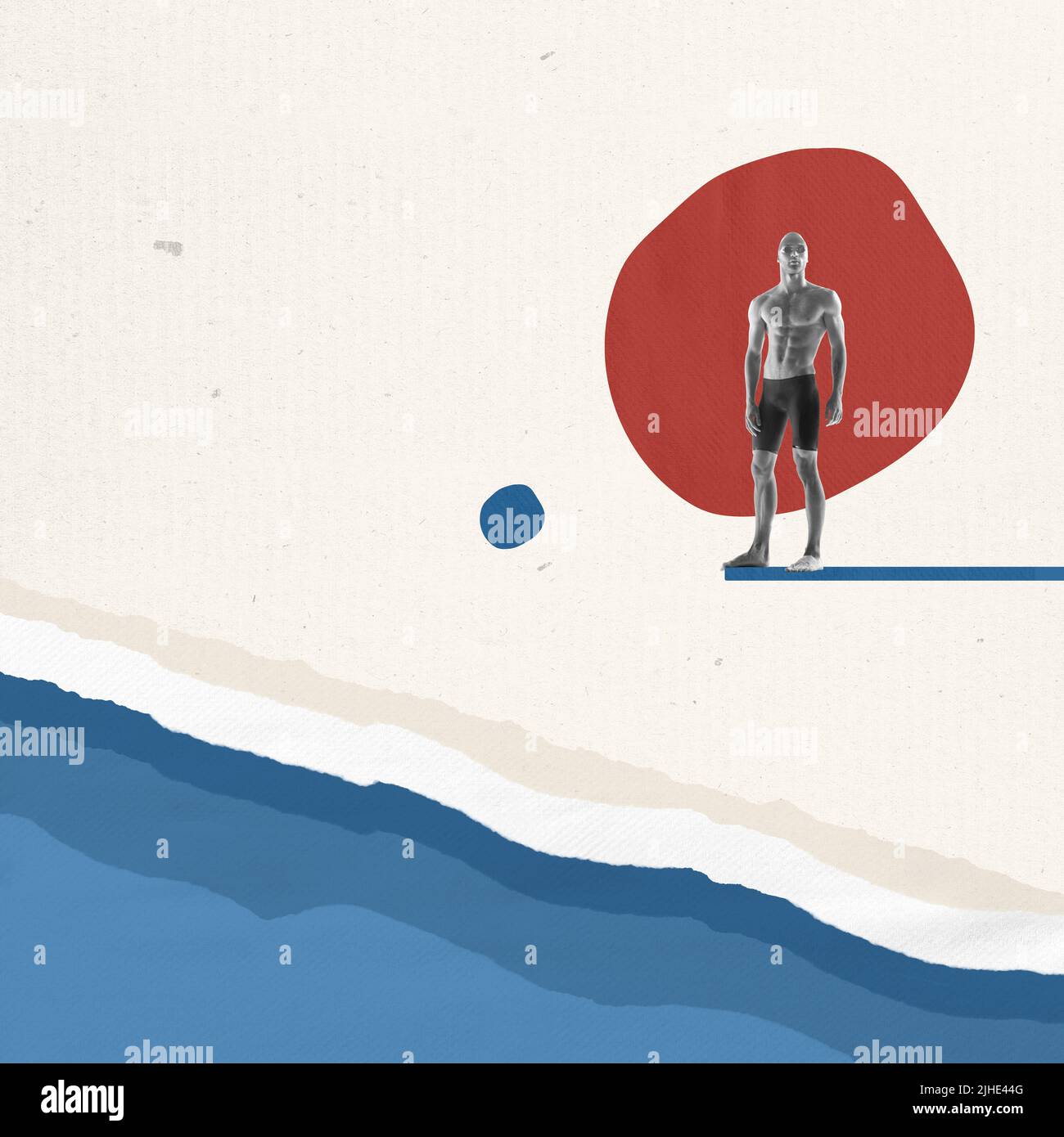 Contemporary art collage. Minimalism. Male swimmer swimming jumping ...