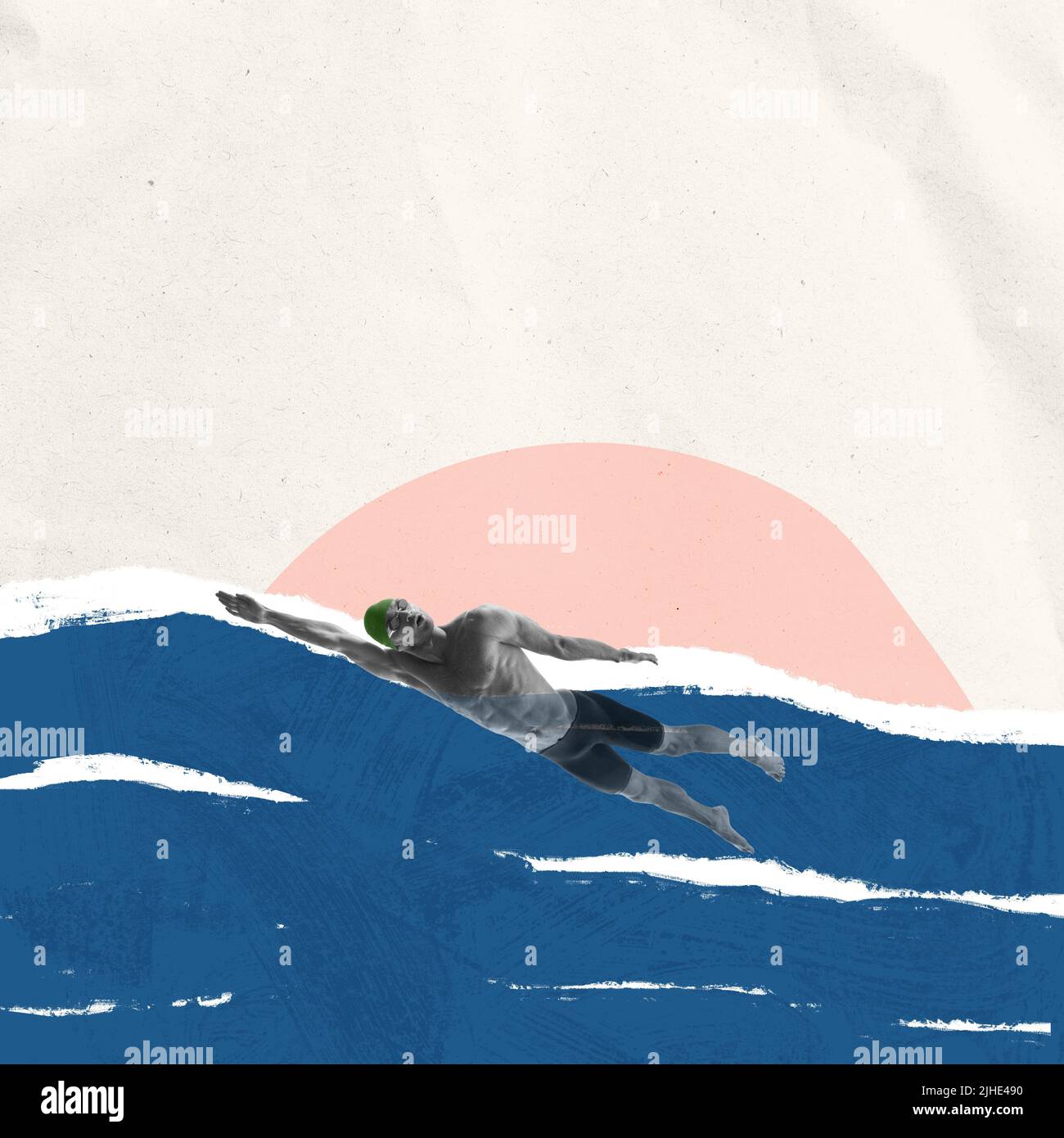 Contemporary art collage. Minimalism. Male swimmer swimming in front ...