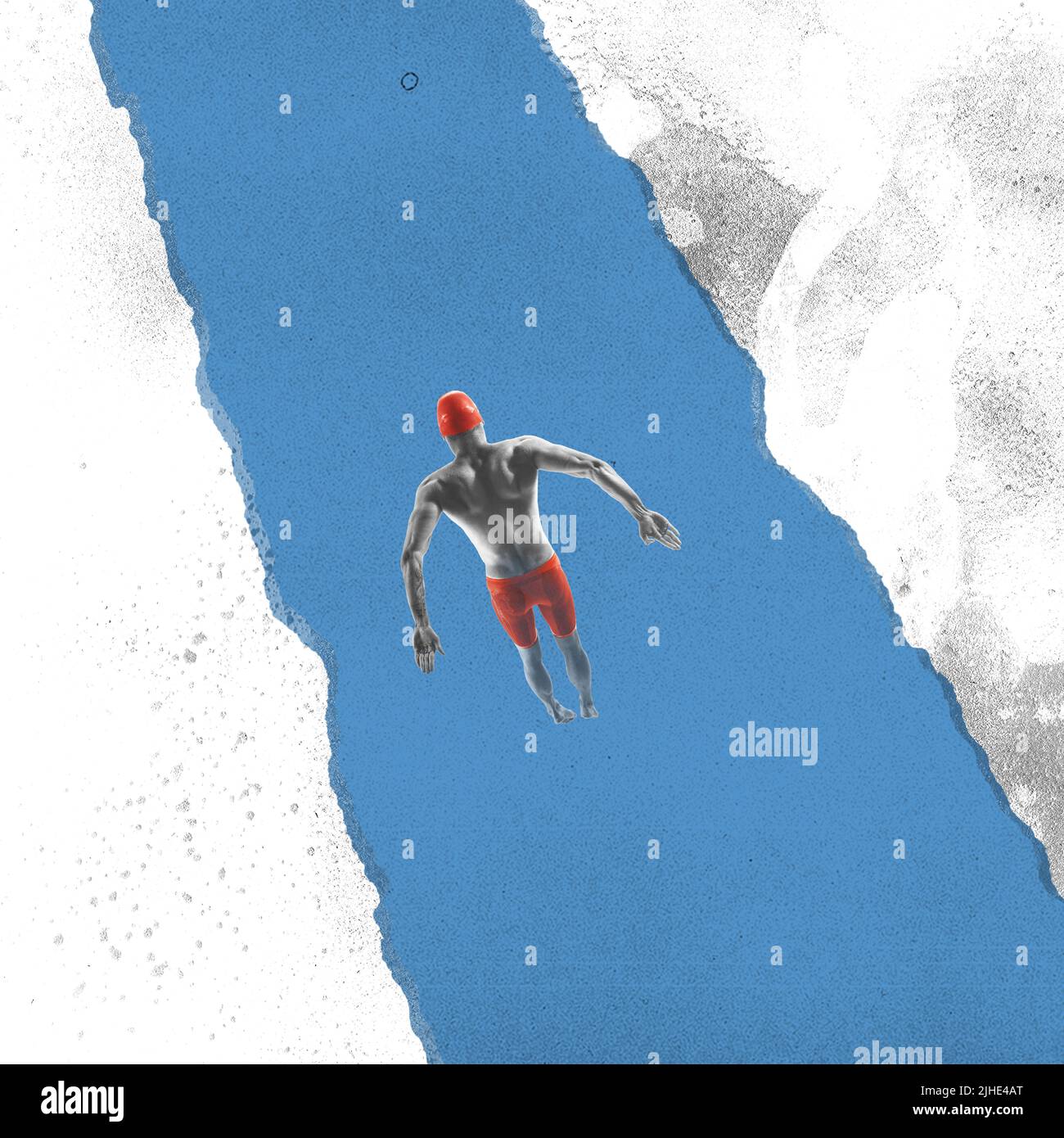 Contemporary art collage. Minimalism. Male swimmer swimming in front ...