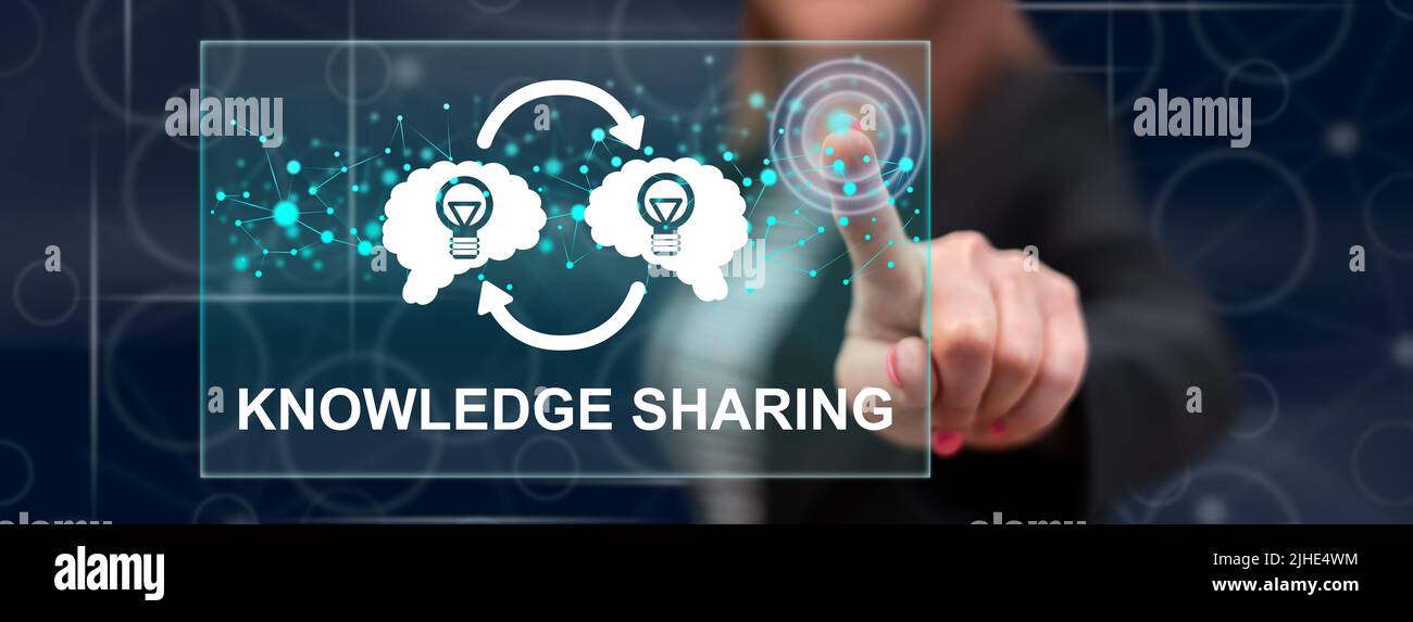 Woman touching a knowledge sharing concept on a touch screen with her ...