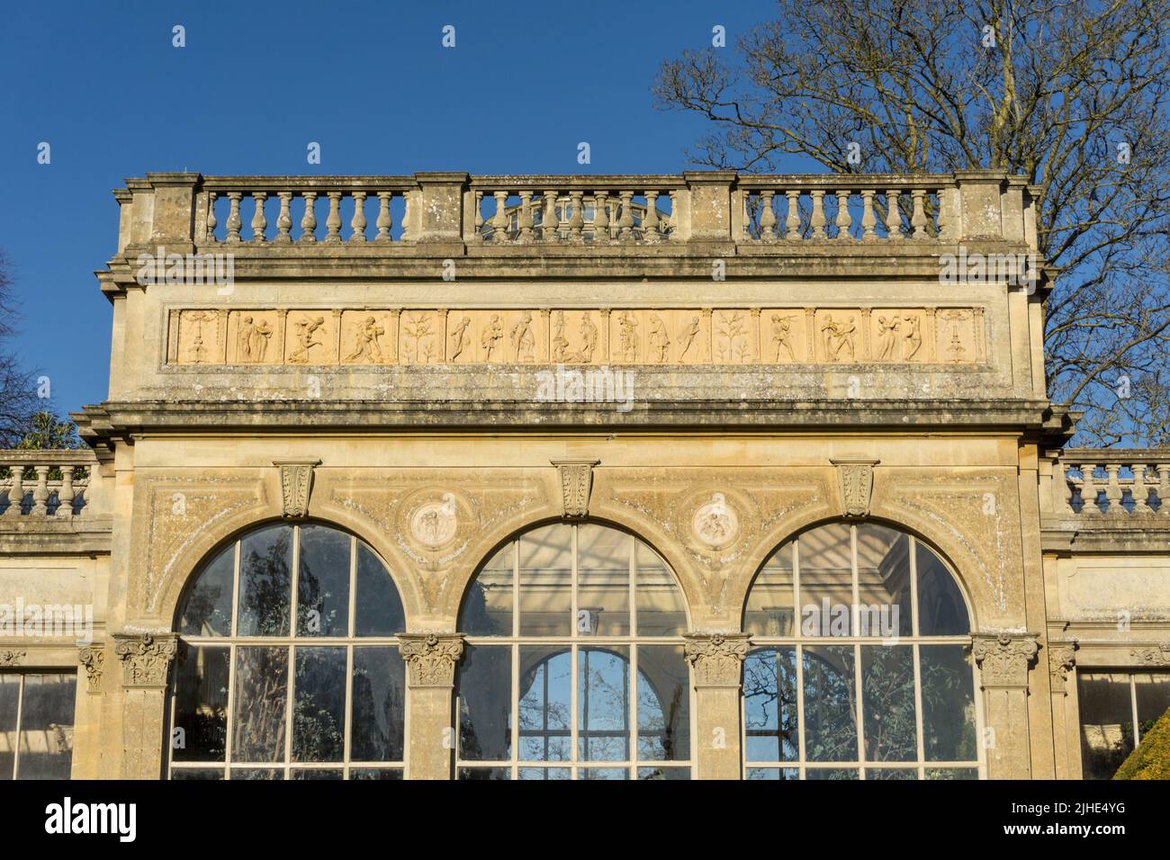 Terracotta frieze of figures on the Italianate orangery, Castle Ashby ...