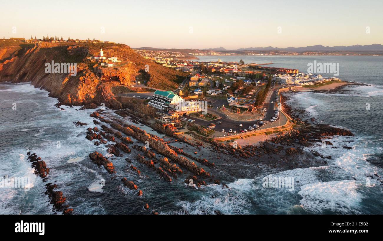 An aerial cityscape view of the Mossel Bay town by water, South Africa ...