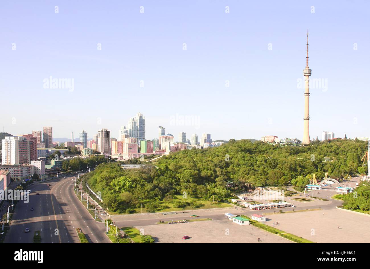 Aerial view of new residential complex in the street Ryomyong and TV ...