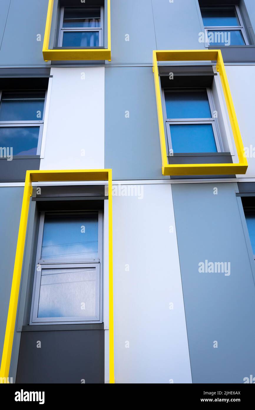 Yellow windows in apartment building, Miramar, Wellington, North Island ...