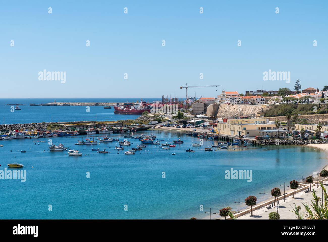 The high-angle view of the Sines' town beach Praia Vasco da Gama on a ...