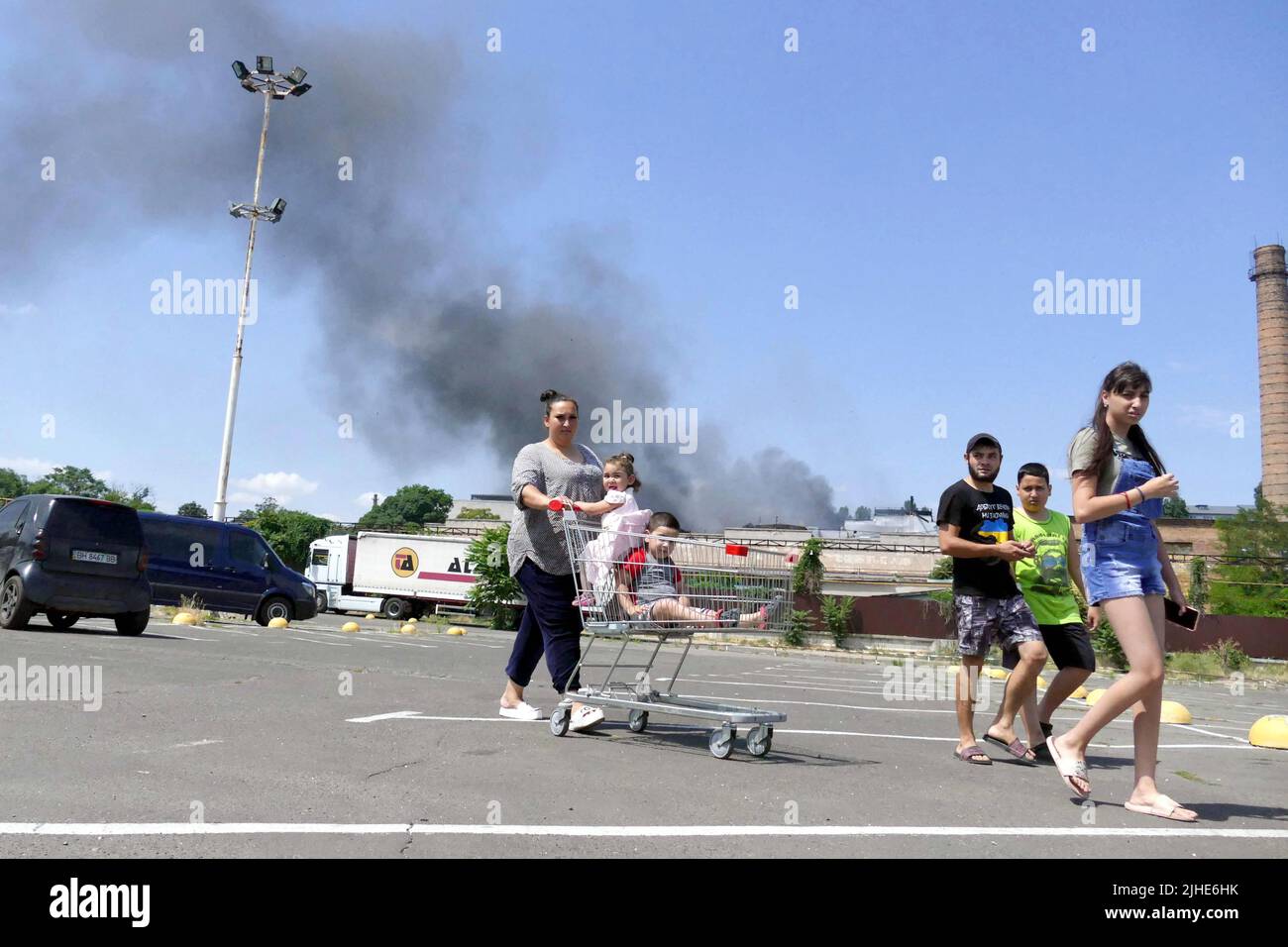 ODESA, UKRAINE - JULY 16, 2022 - A plume of smoke rises above a ...